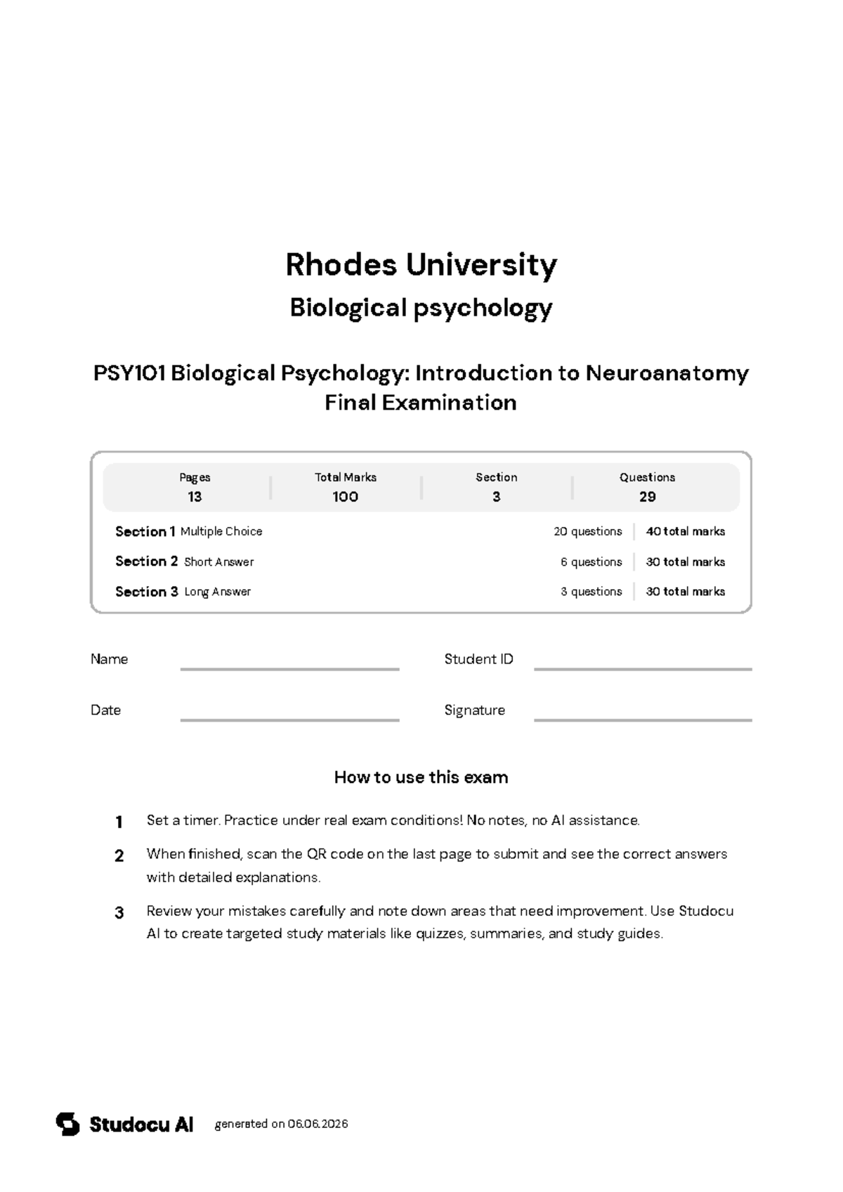 PSY101 Biological Psychology: Neuroanatomy Final Exam - Studocu