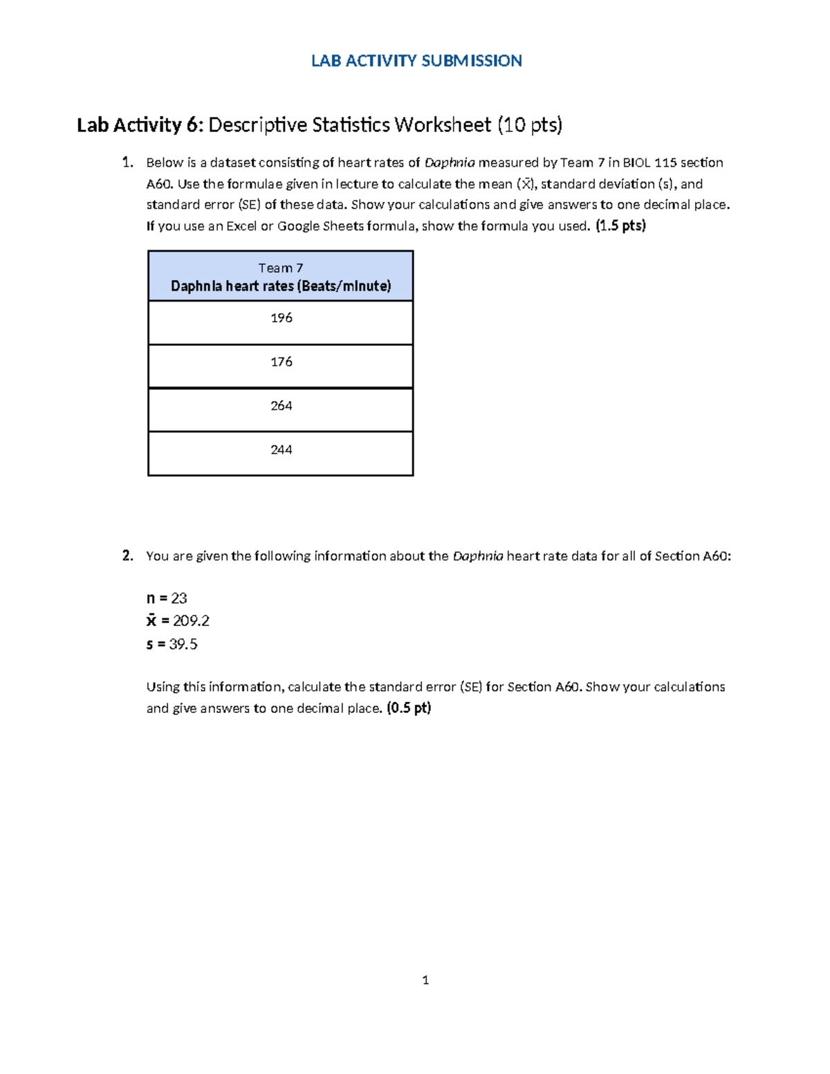 BIOL 115 Lab Activity 6: Descriptive Stats Worksheet - Studocu
