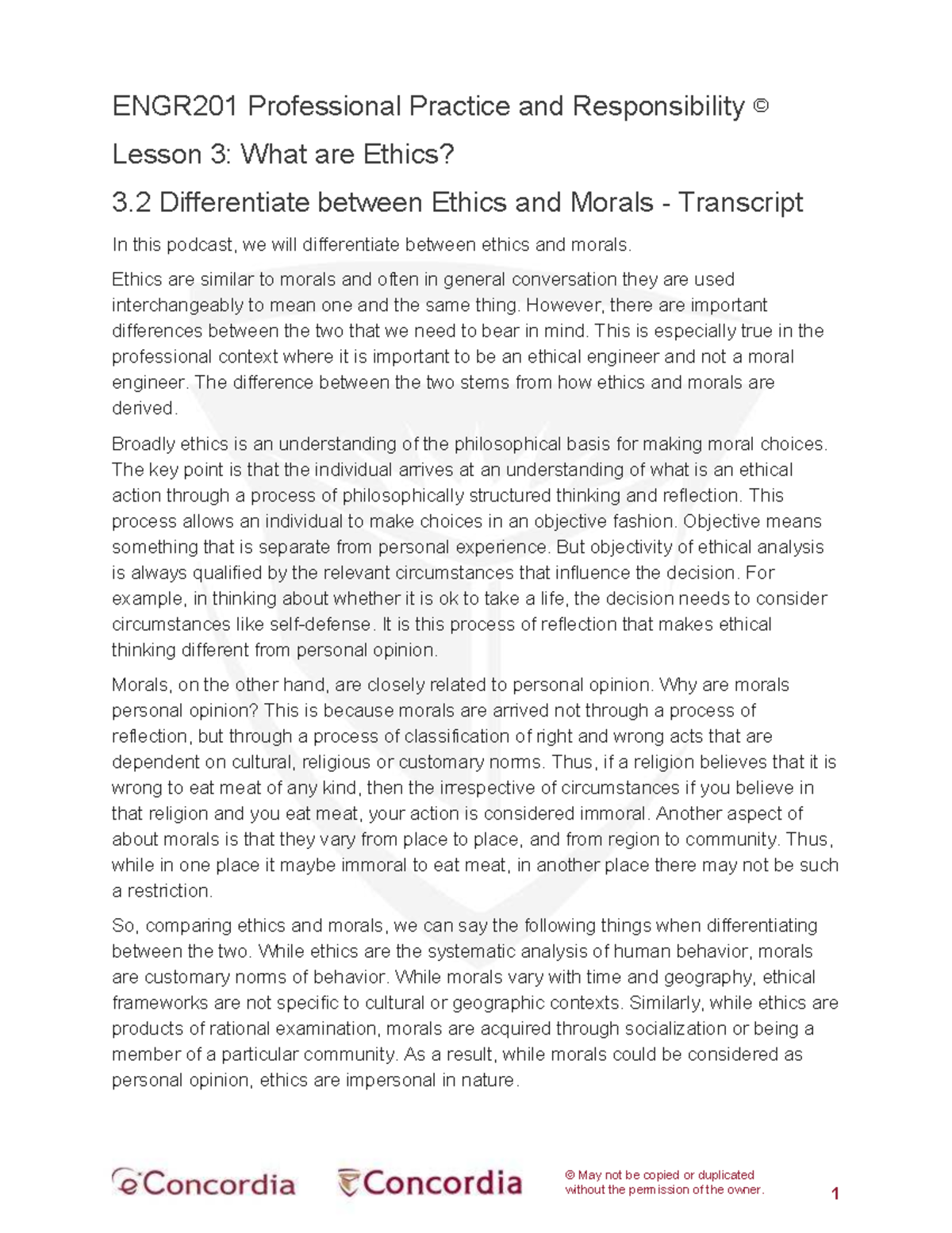 ENGR201 Professional Practice & Responsibility: Ethics vs. Morals - Studocu