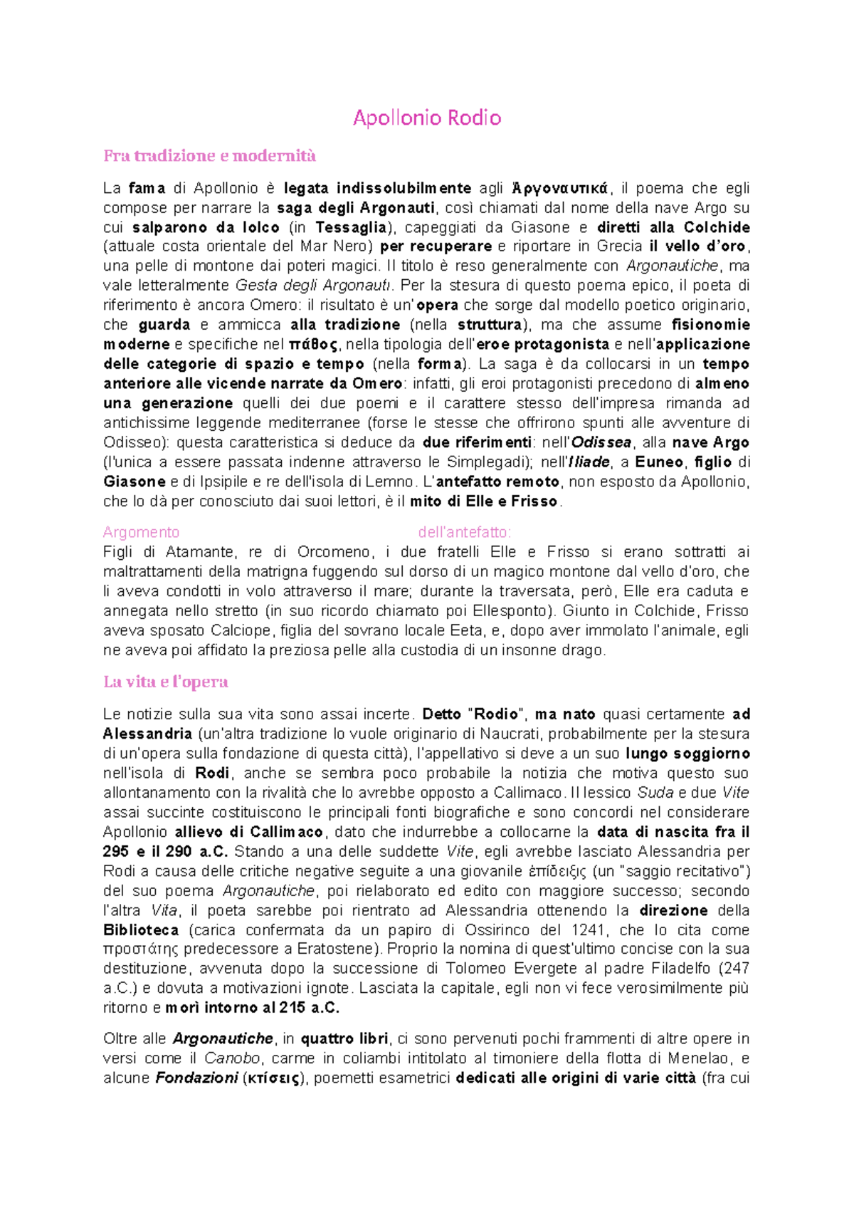 Apollonio Rodio - Riassunto Completo delle Argonautiche e Note di ...