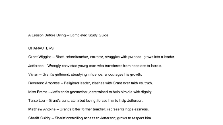 A Lesson Before Dying Study Guide: Key Characters & Themes - Studocu