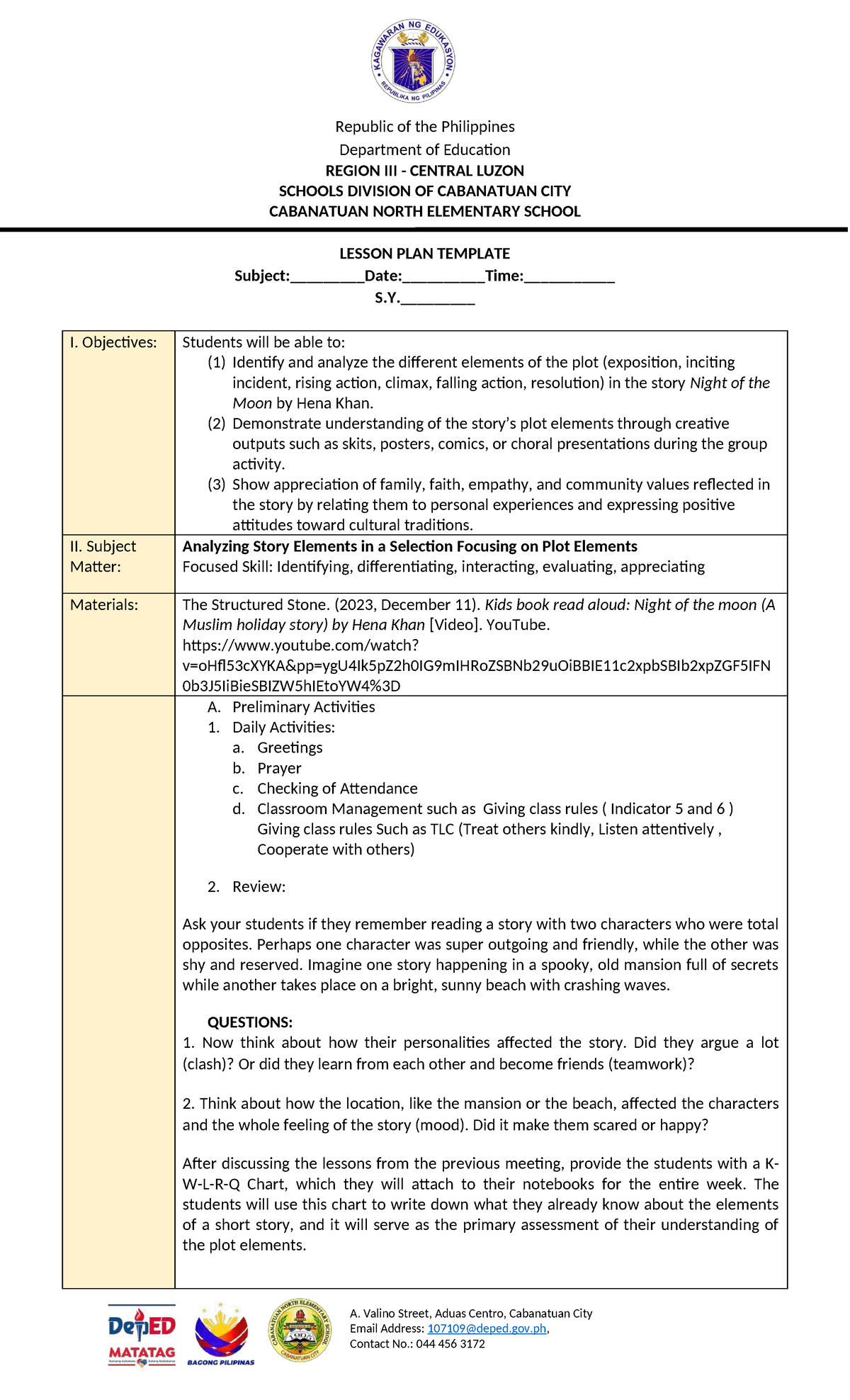 G5- Lesson Plan: Analyzing Plot Elements in "Night of the Moon" - Studocu