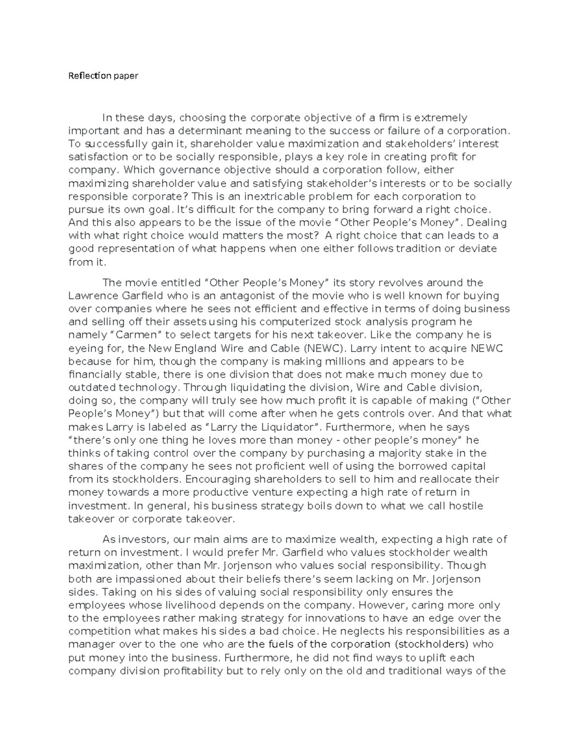 Reflection paper - To successfully gain it, shareholder value ...