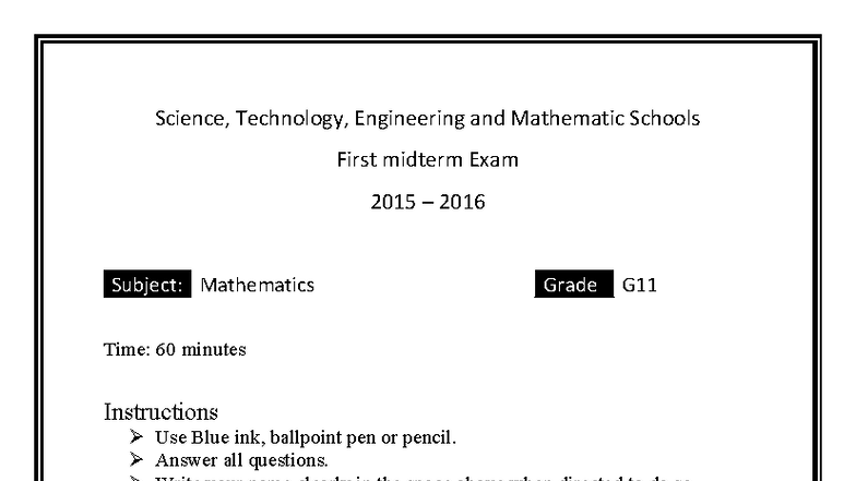 G11 Math Midterm Exam 2015-2016: Key Concepts & Instructions - Studocu