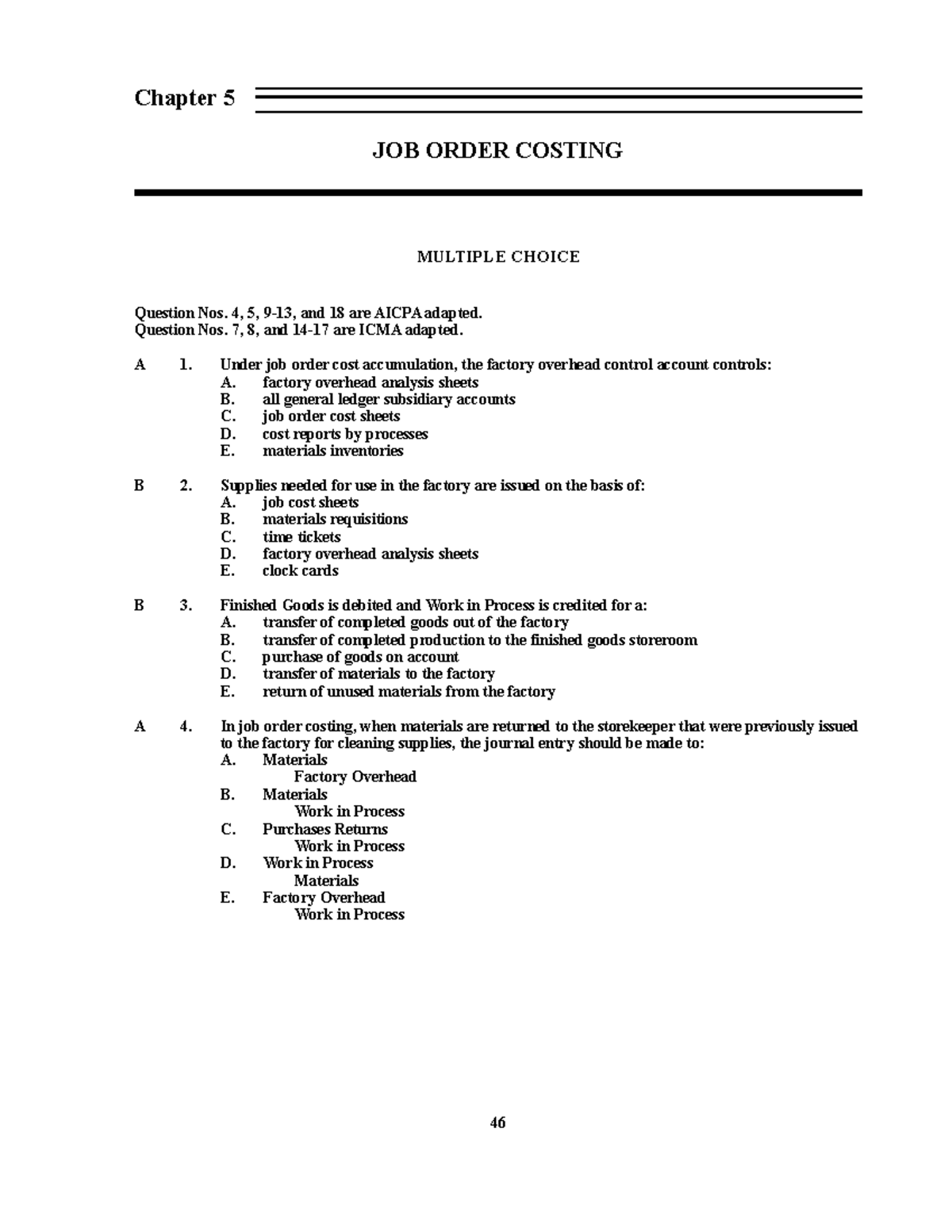 05 Job Order Costing - Key Concepts & Multiple Choice Questions - Studocu