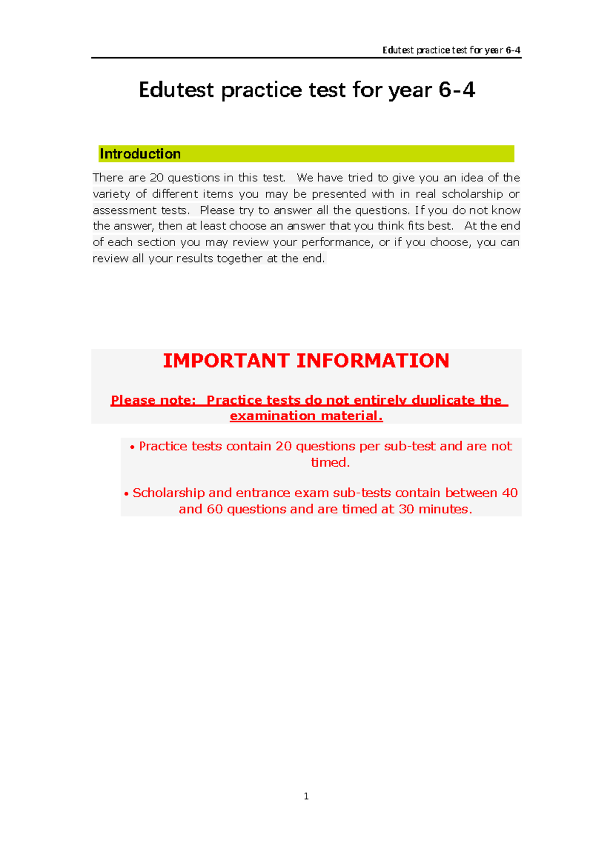 Edutest Verbal Reasoning Practice Test 4 for Year 6 Students - Studocu