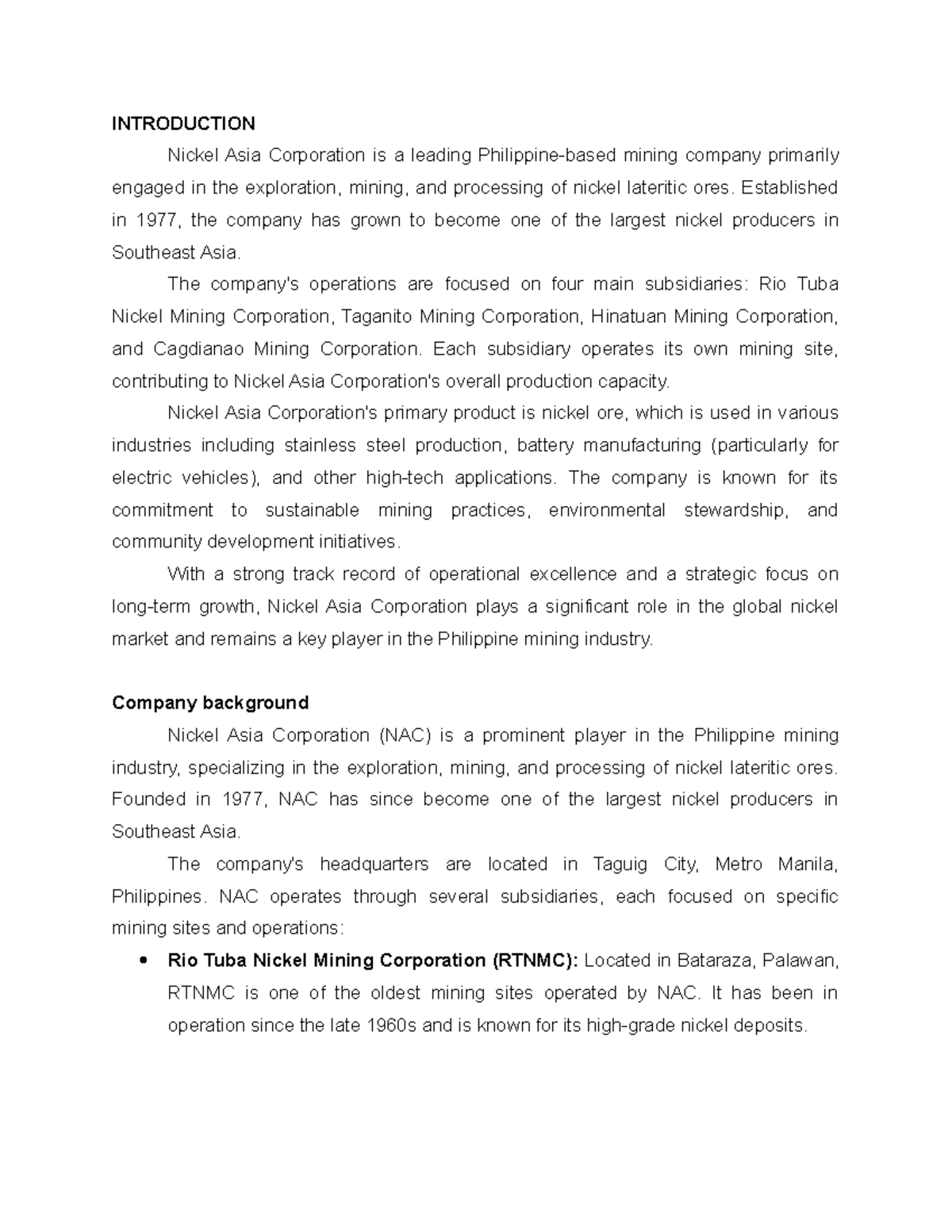 Case Study in Auditing: Nickel Asia Corporation - Final Report - Studocu
