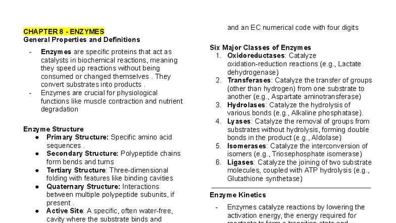 CHAPTER 8 ENZYMES: Properties, Structure, and Kinetics Summary - Studocu