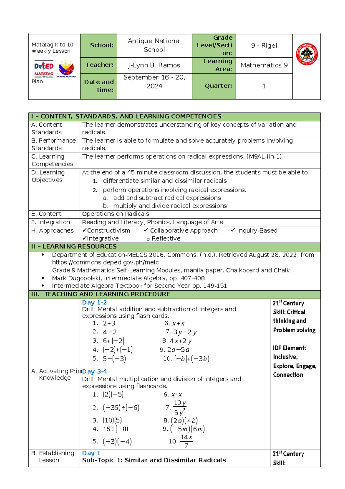 Mathematics 9 Lesson Plan on Operations with Radicals (M9AL-IIh-1 ...