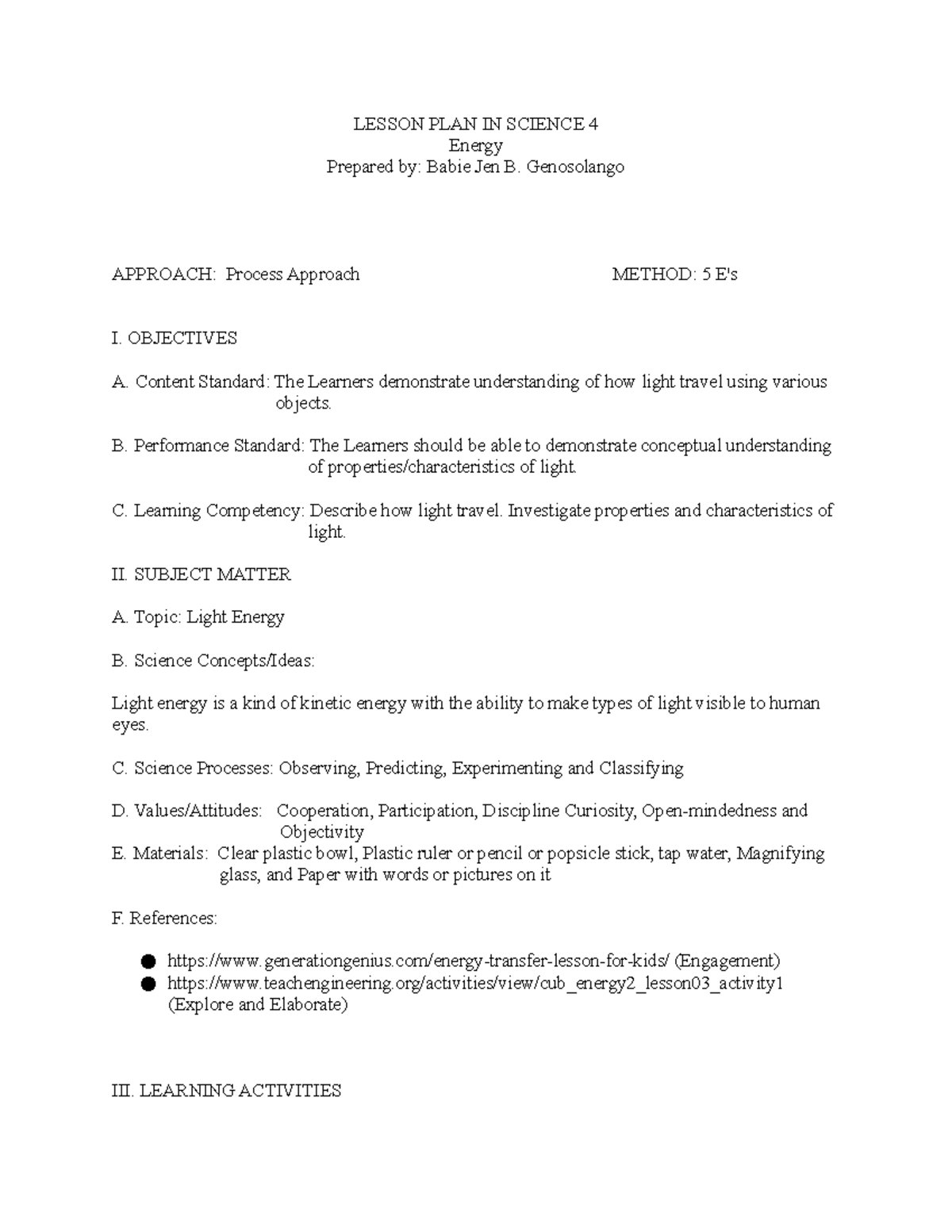 Lesson Plan on Light Energy for Grade 4 Science Class - Studocu