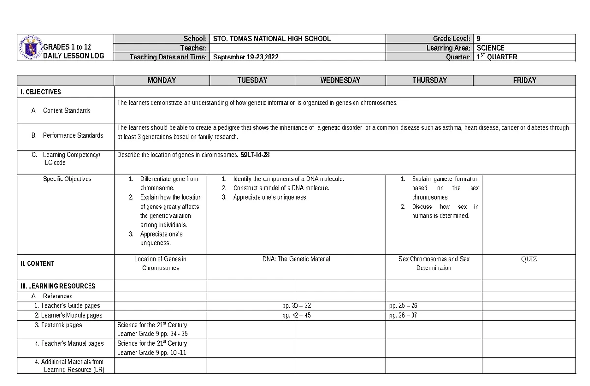 DAILY LESSON LOG: GRADE 9 SCIENCE - HEREDITY & INHERITANCE - Studocu