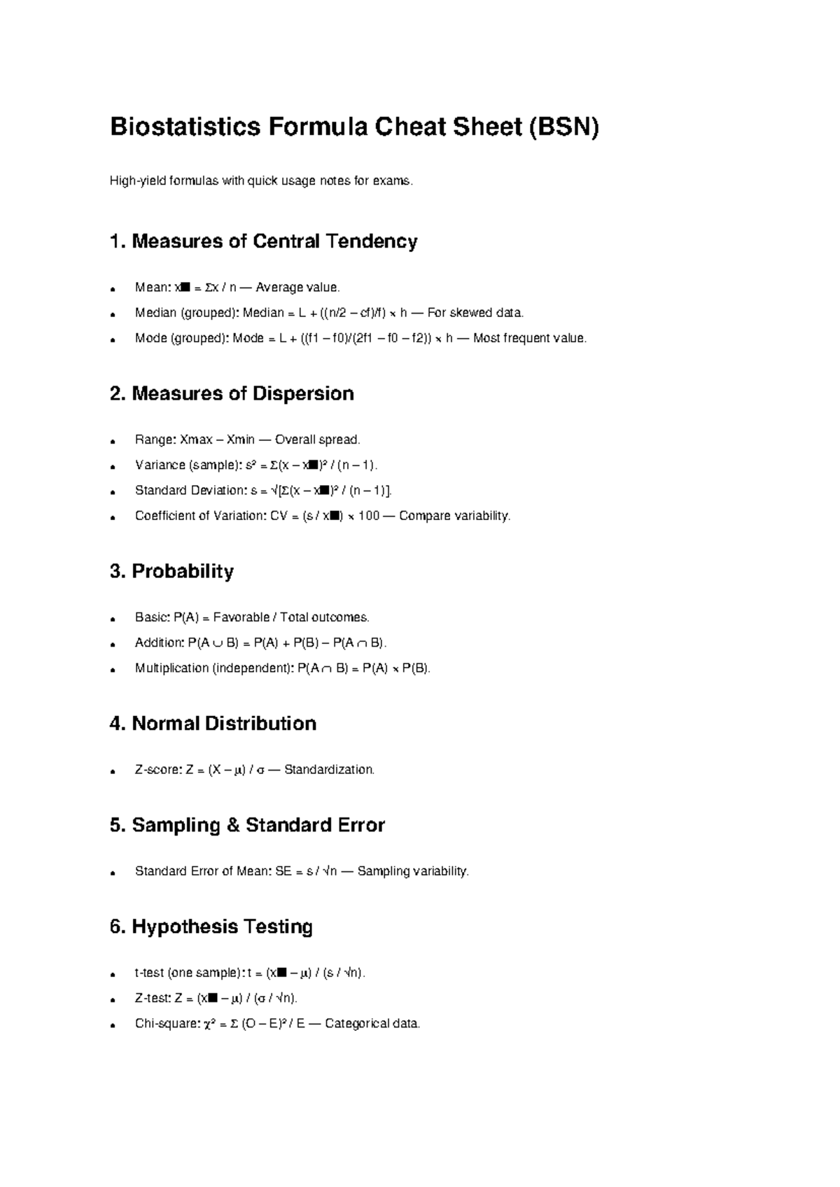 Biostatistics Formula Cheat Sheet (BSN) for Quick Exam Reference - Studocu