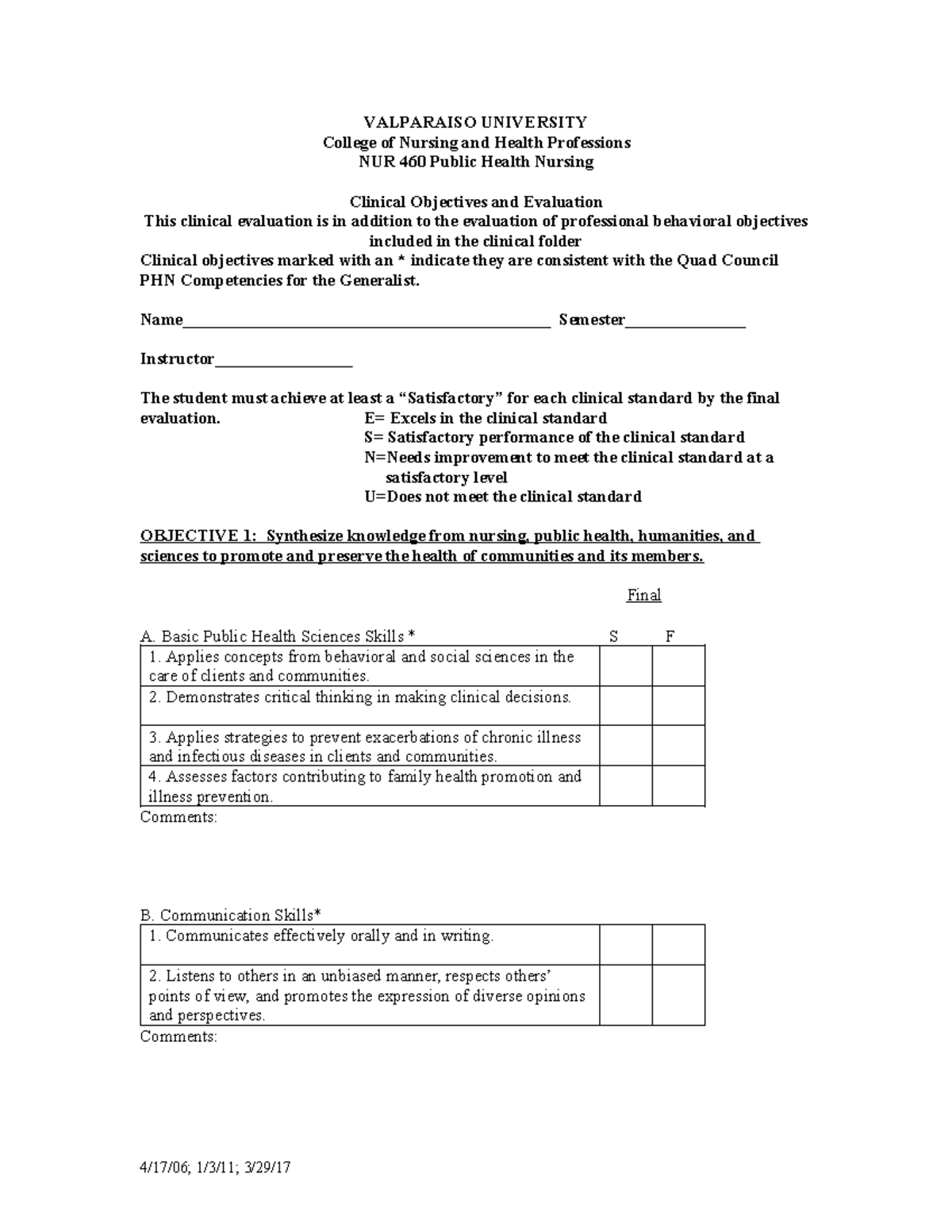 NUR 460 Public Health Nursing Clinical Objectives & Evaluation Guide ...