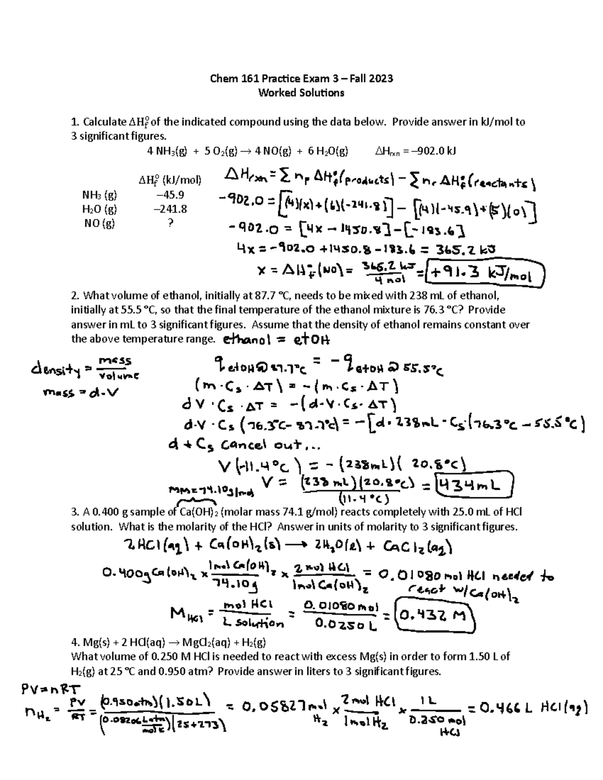 Chem 161 Practice Exam 3 Solutions - Fall 2023 - Studocu