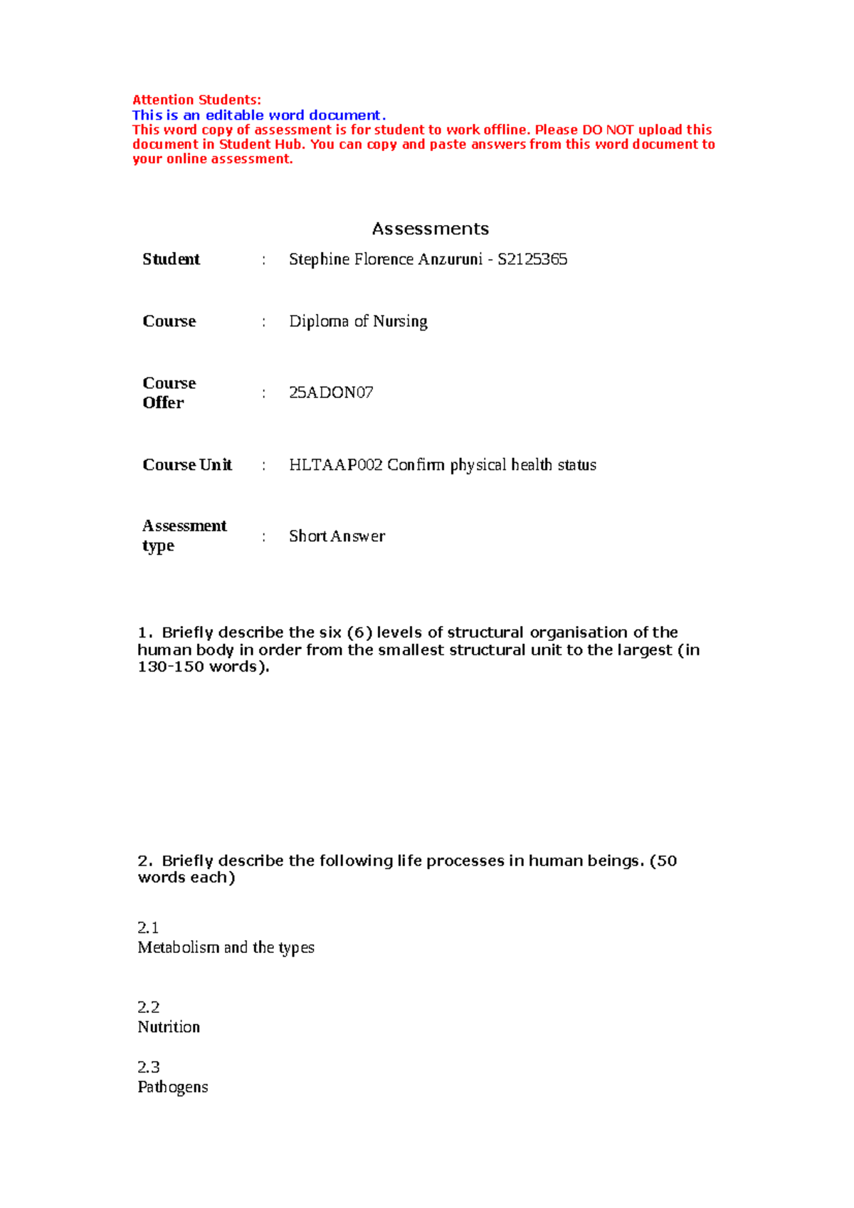 HLTAAP002 Confirm Physical Health Status - Short Answer Assessment ...