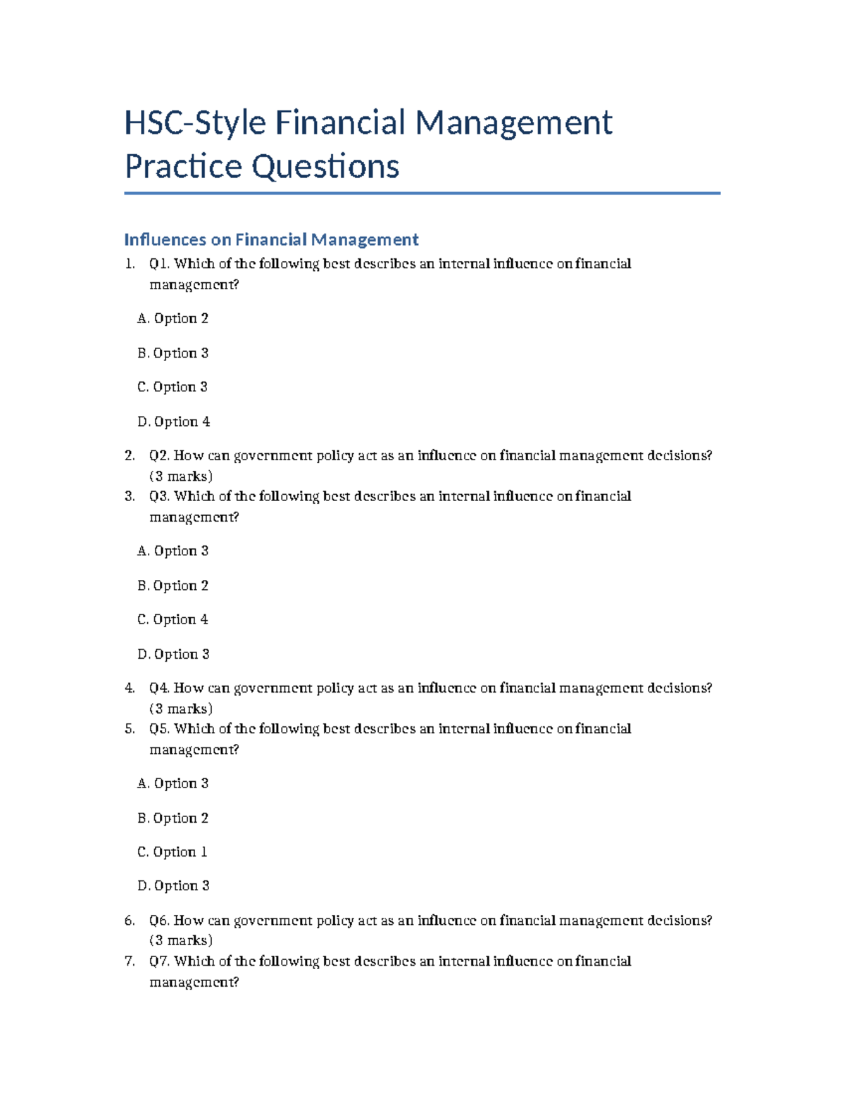 HSC Financial Management Practice Questions and Influences - Studocu