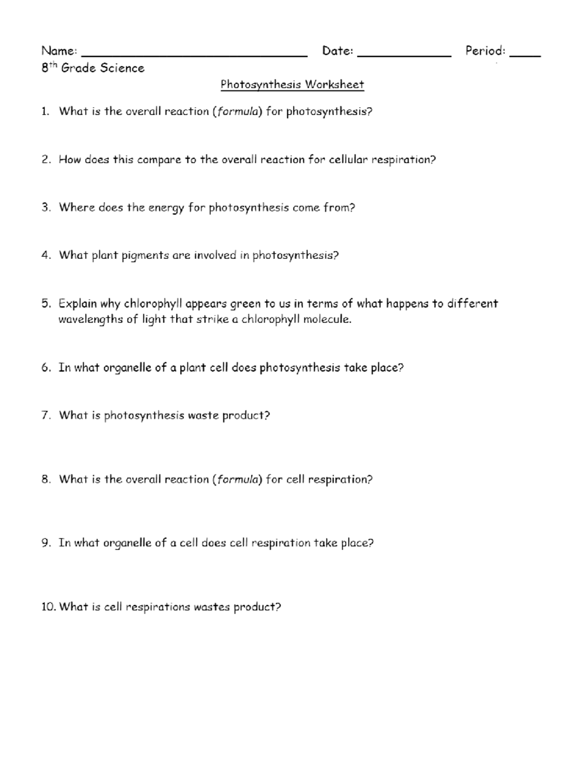 8th Grade Science Photosynthesis Worksheet Crossword Answers - Studocu