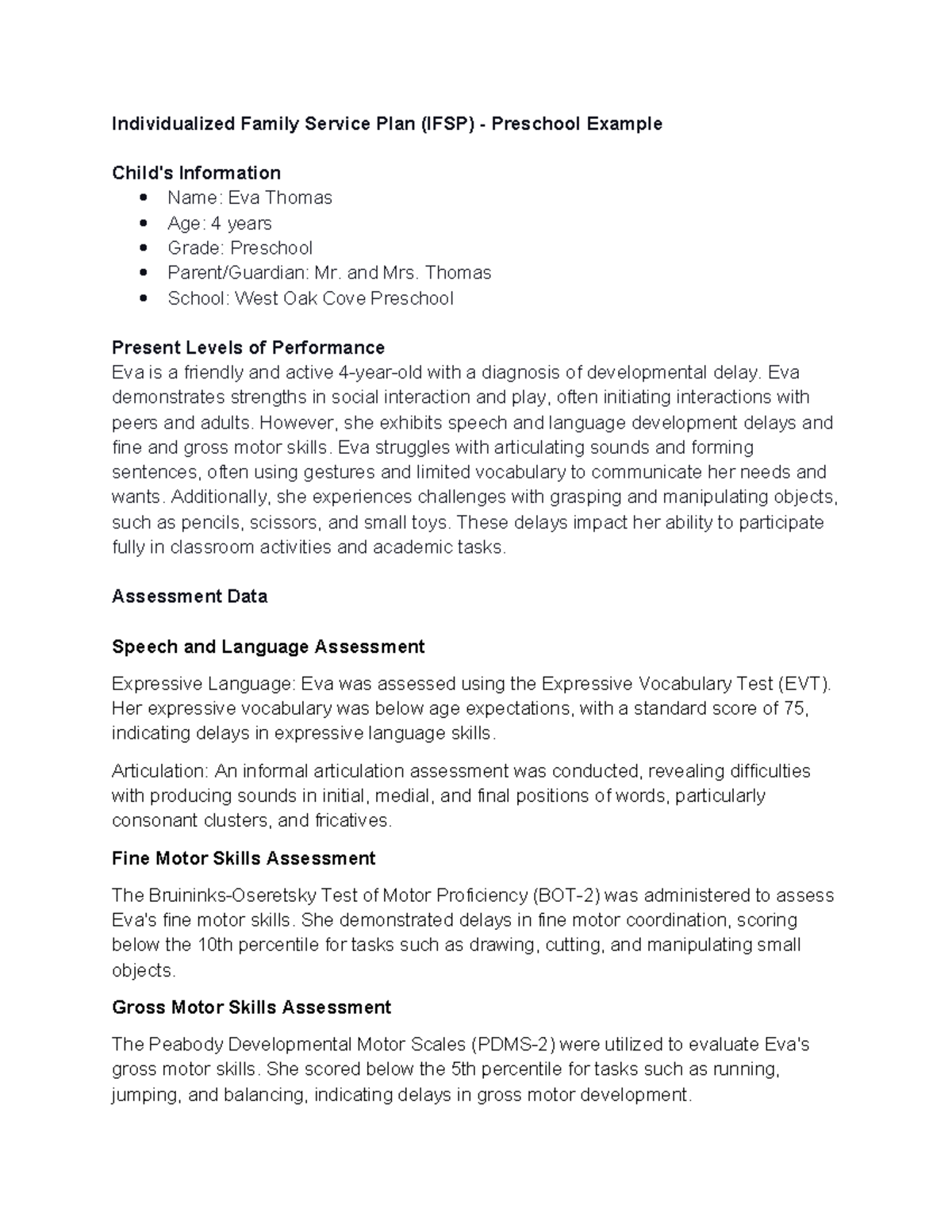 Individualized Family Service Plan (IFSP) for Preschooler Eva Thomas ...