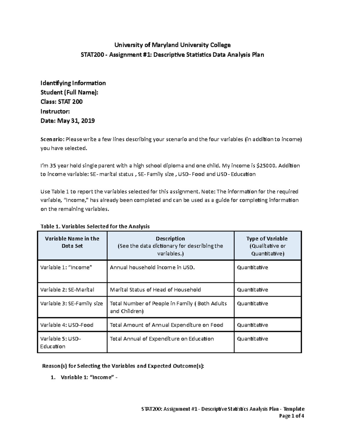 STAT 200 Assignment 1 - University of Maryland University College STAT200 - Assignment #1: - Studocu