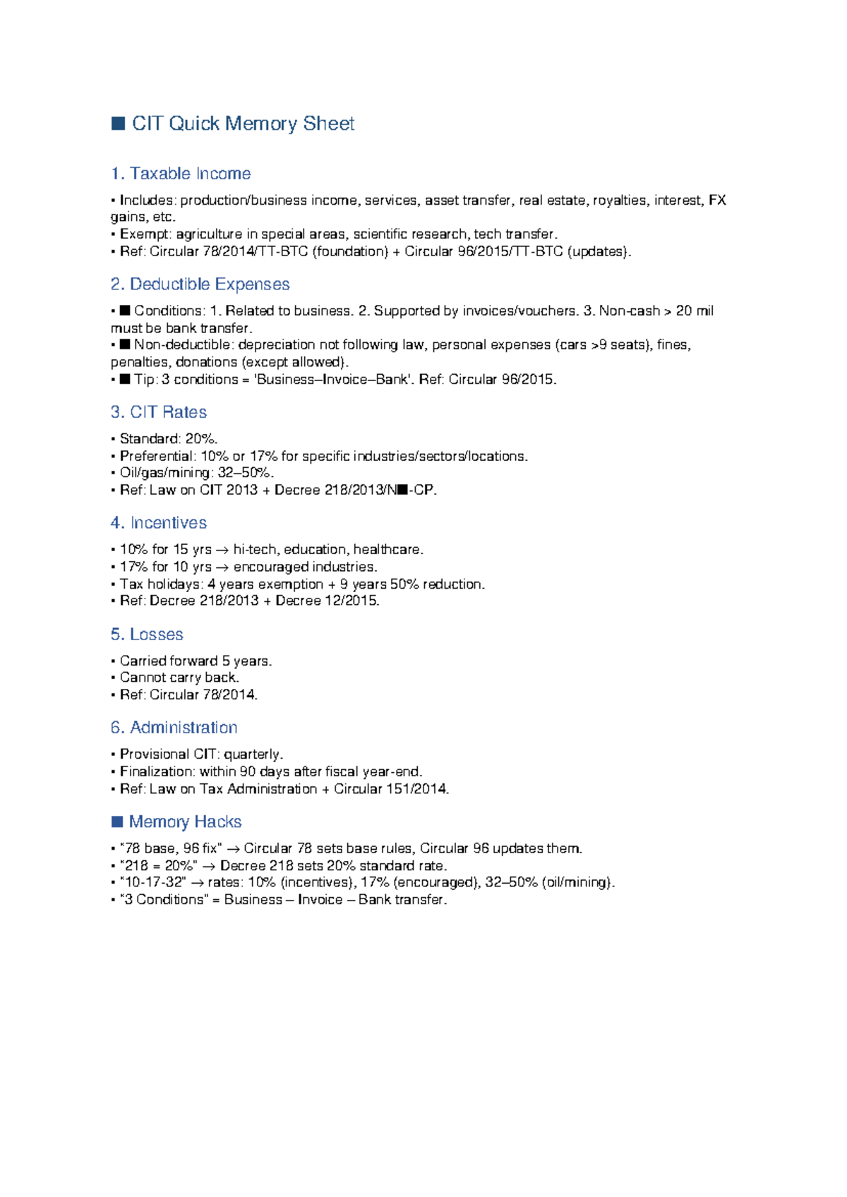 CIT Quick Memory Sheet: Taxable Income & Deductions Overview - Studocu