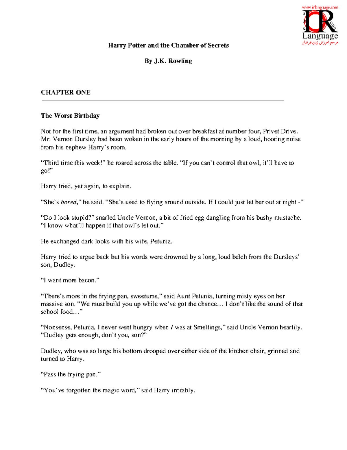 Harry Potter II: The Chamber of Secrets - Chapter One Summary - Studocu