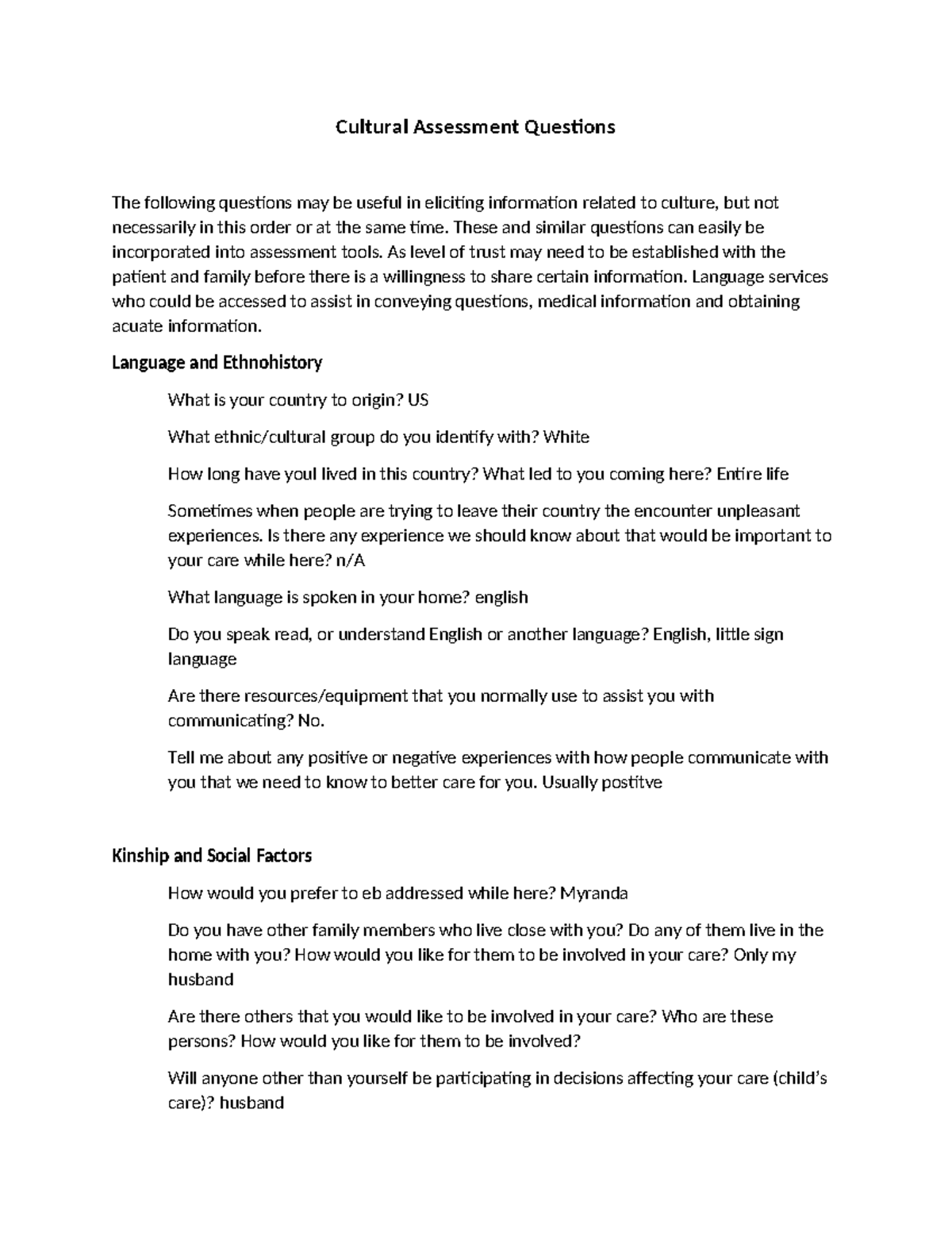 Cultural Assessment Questionnaire for Health Providers (CULT 101) - Studocu