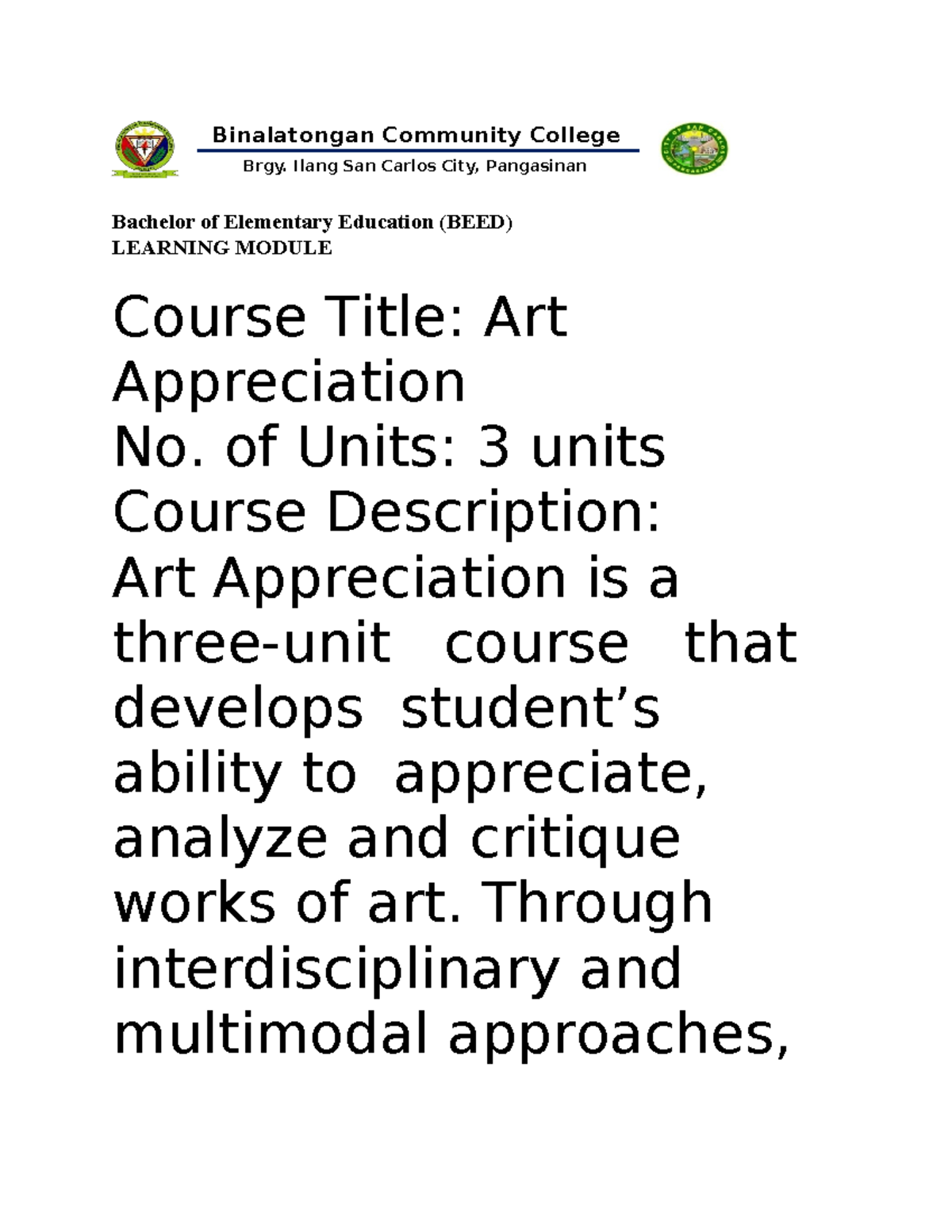 Grading System - nothing follows - Binalatongan Community College Brgy. Ilang San Carlos City ...