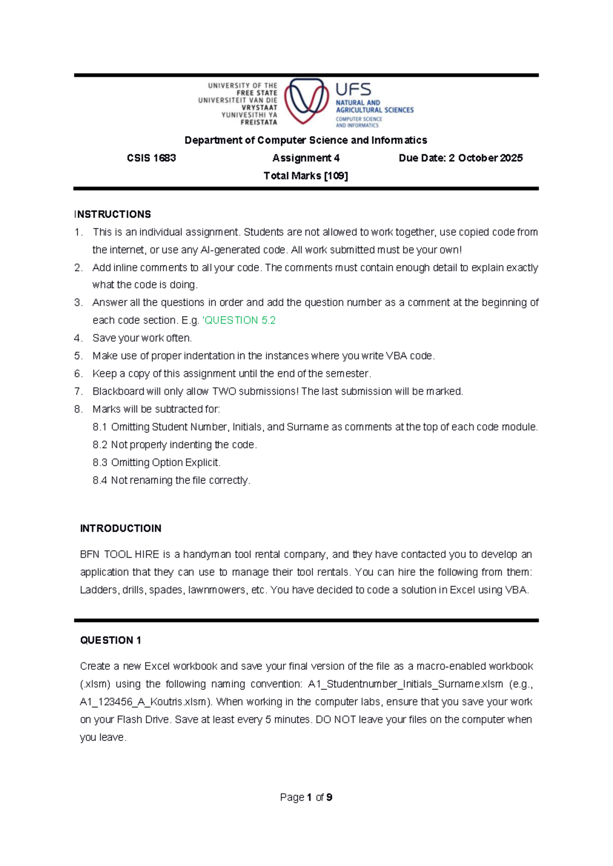 CSIS 1683 Assignment 4: BFN Tool Hire VBA Project Guide - Studocu