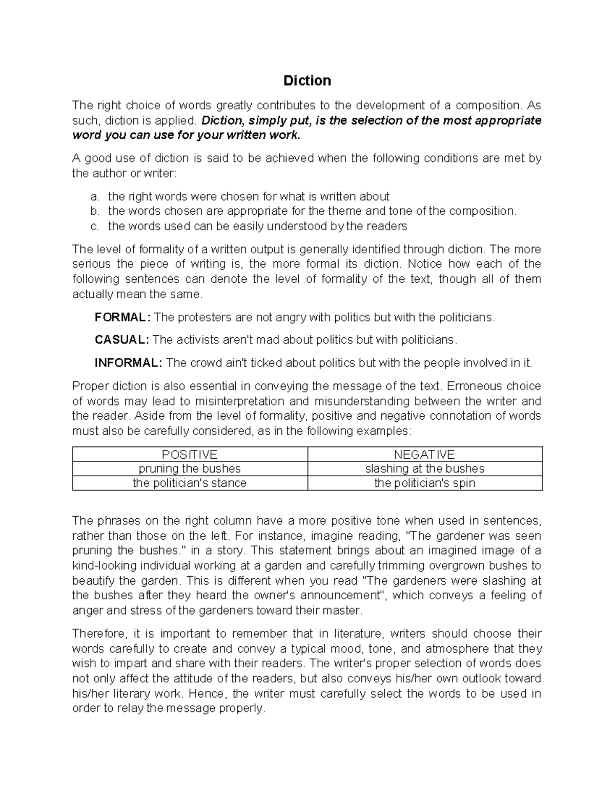 Diction: The Art of Word Choice in Writing - Studocu