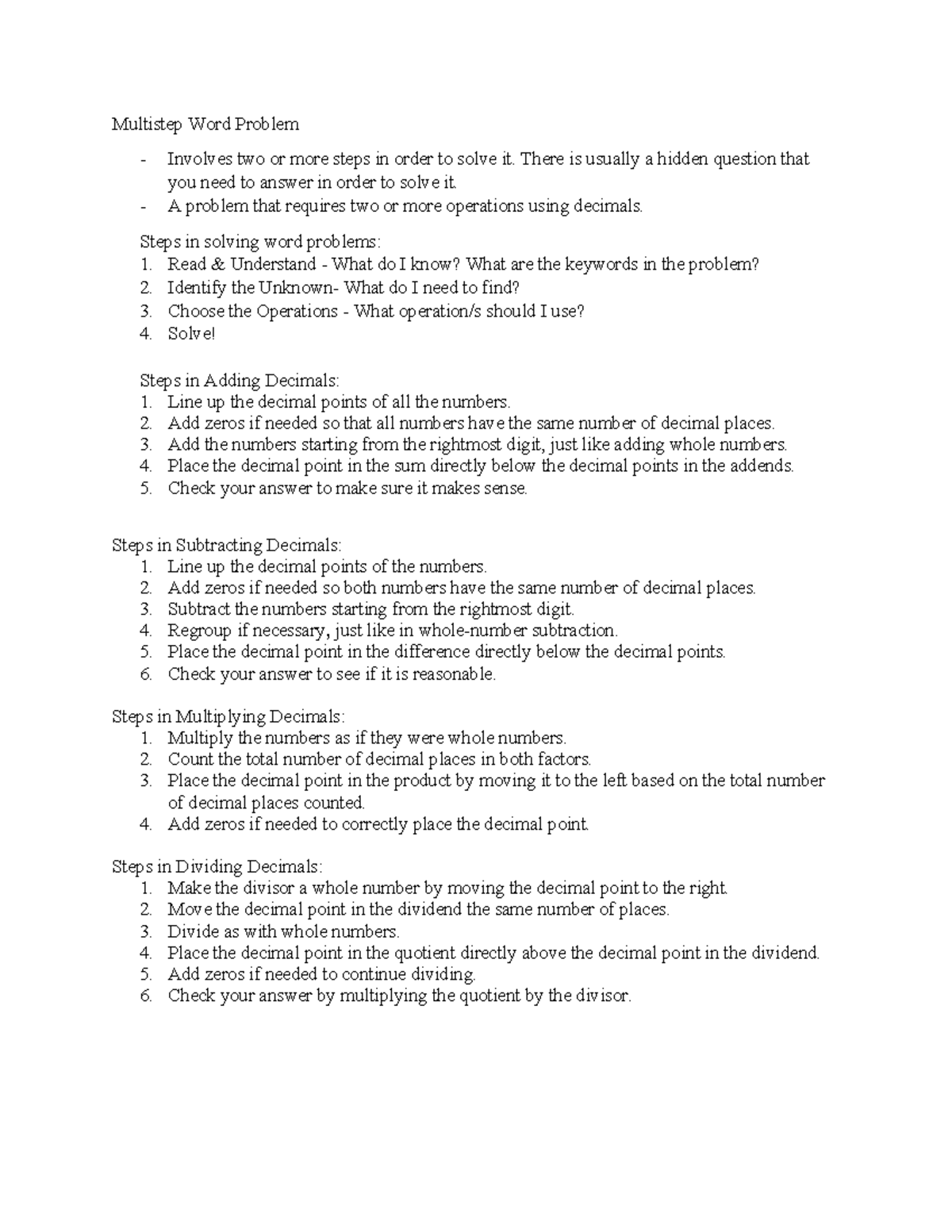 MATH 101: Multistep Word Problems & Decimal Operations Guide - Studocu