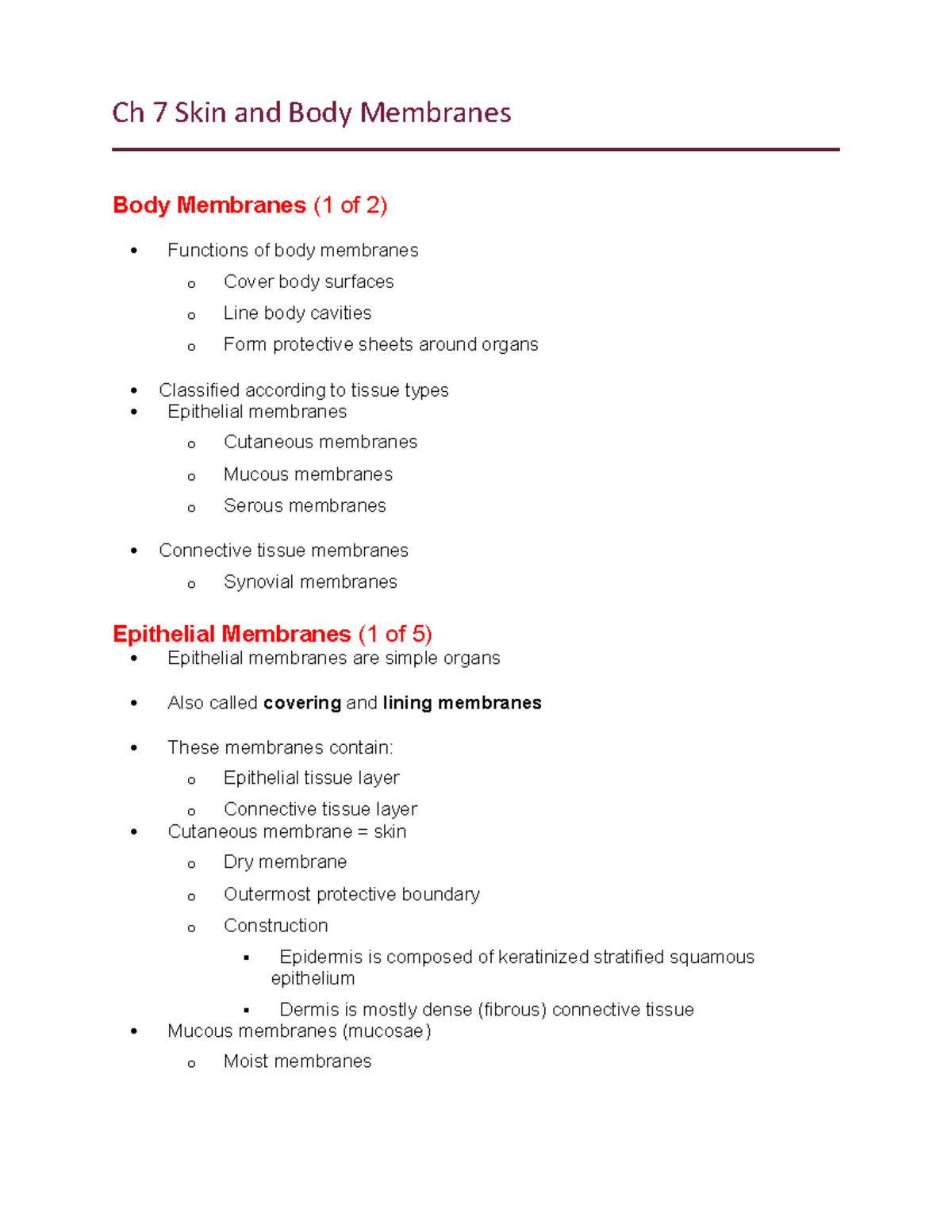 Ch 7 Skin & Body Membranes: Key Anatomy & Function Notes - Studocu