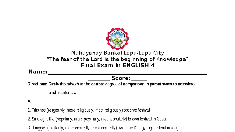 ENG4 Final Exam: Adverb and Preposition Exercises - Studocu