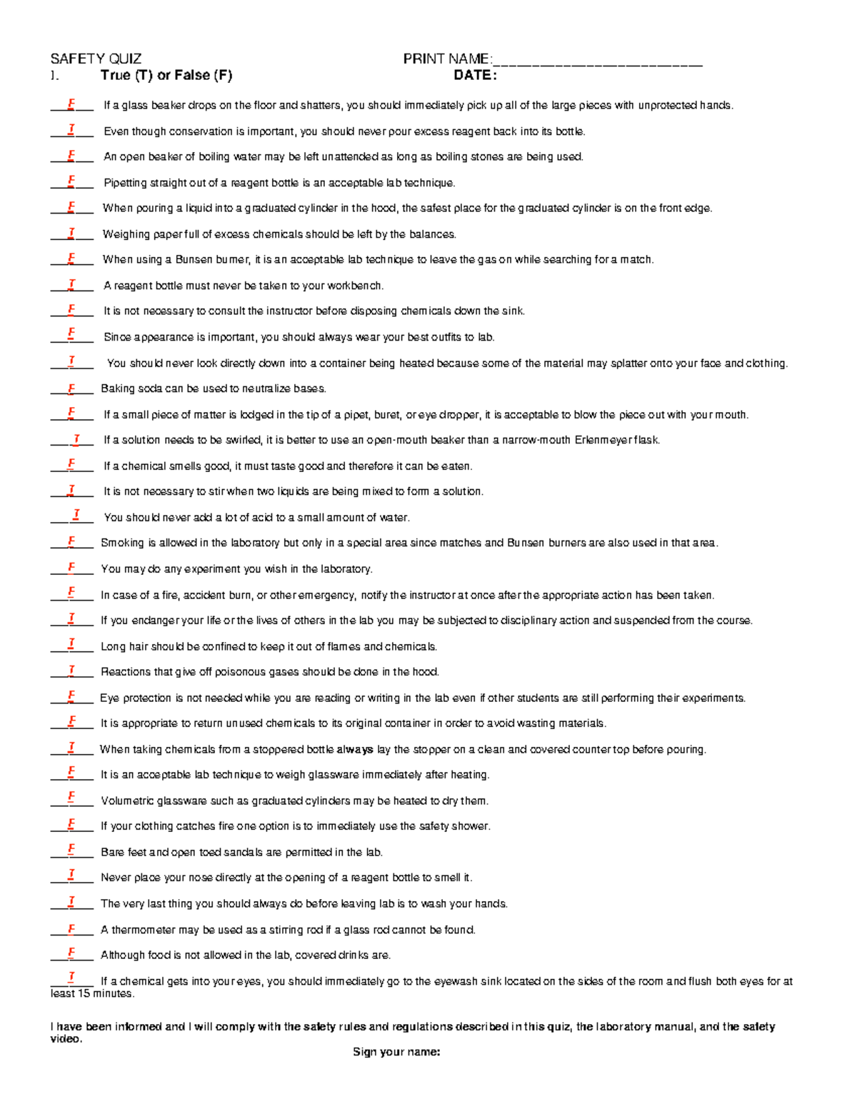 Chemistry Lab Safety Quiz (CHEM 101) - True/False Questions - Studocu