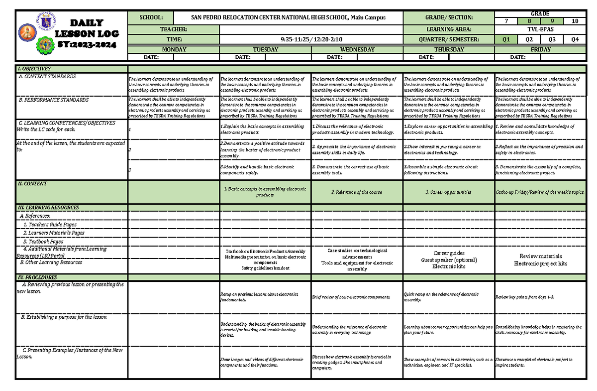 DLL EPAS 8 - TVL Electronics Lesson Plan Week 1 (Grade 8-10) - Studocu