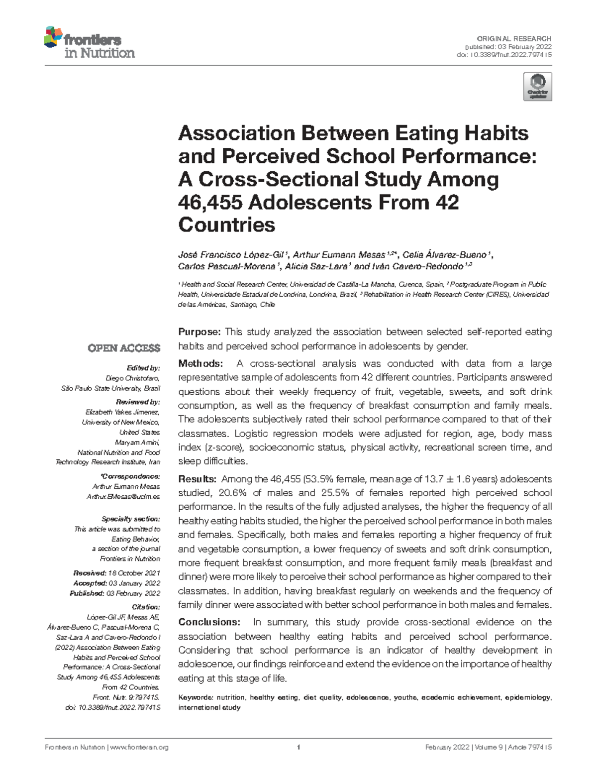 Eating Habits and Perceived School Performance: A Global Study (Fnut-09 ...