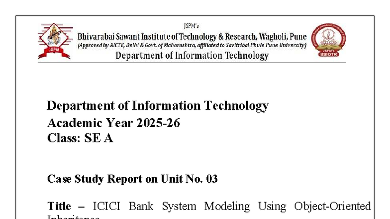 Case Study Report: ICICI Bank System Modeling (OOP) - SE A - Studocu