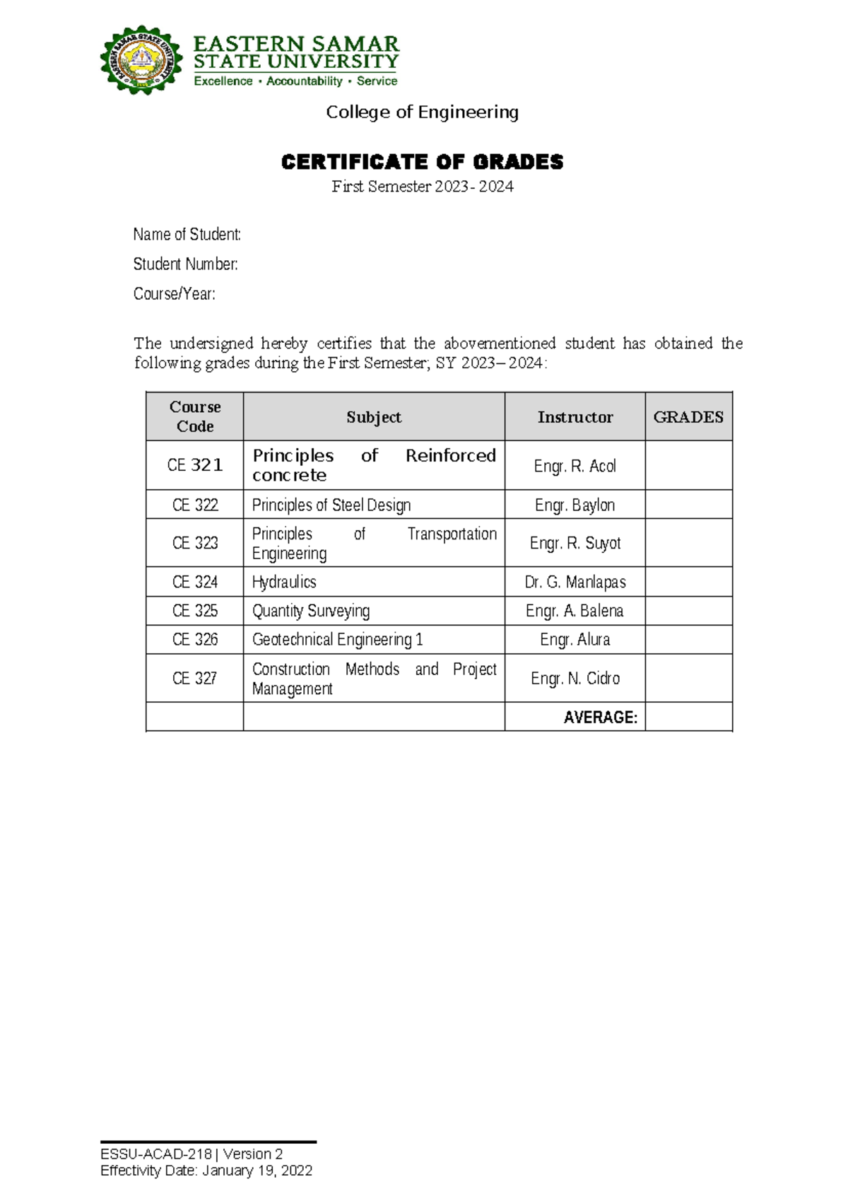 Certificate of Grades for First Semester 2023-2024 - ESSU-ACAD-218 ...
