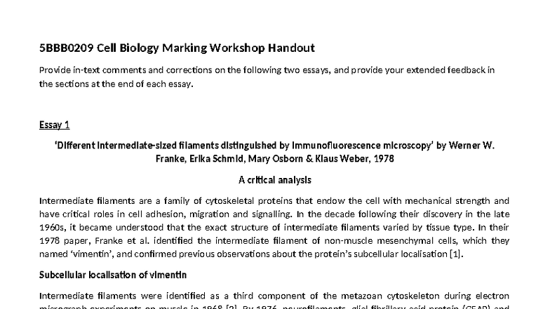 Cell Biology (CB 101) Marking Workshop Handout: Essay Feedback - Studocu