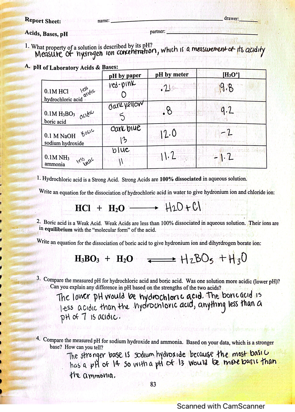 Acid base ph - lab manual and workbook - Report Sheet: drawer: name ...