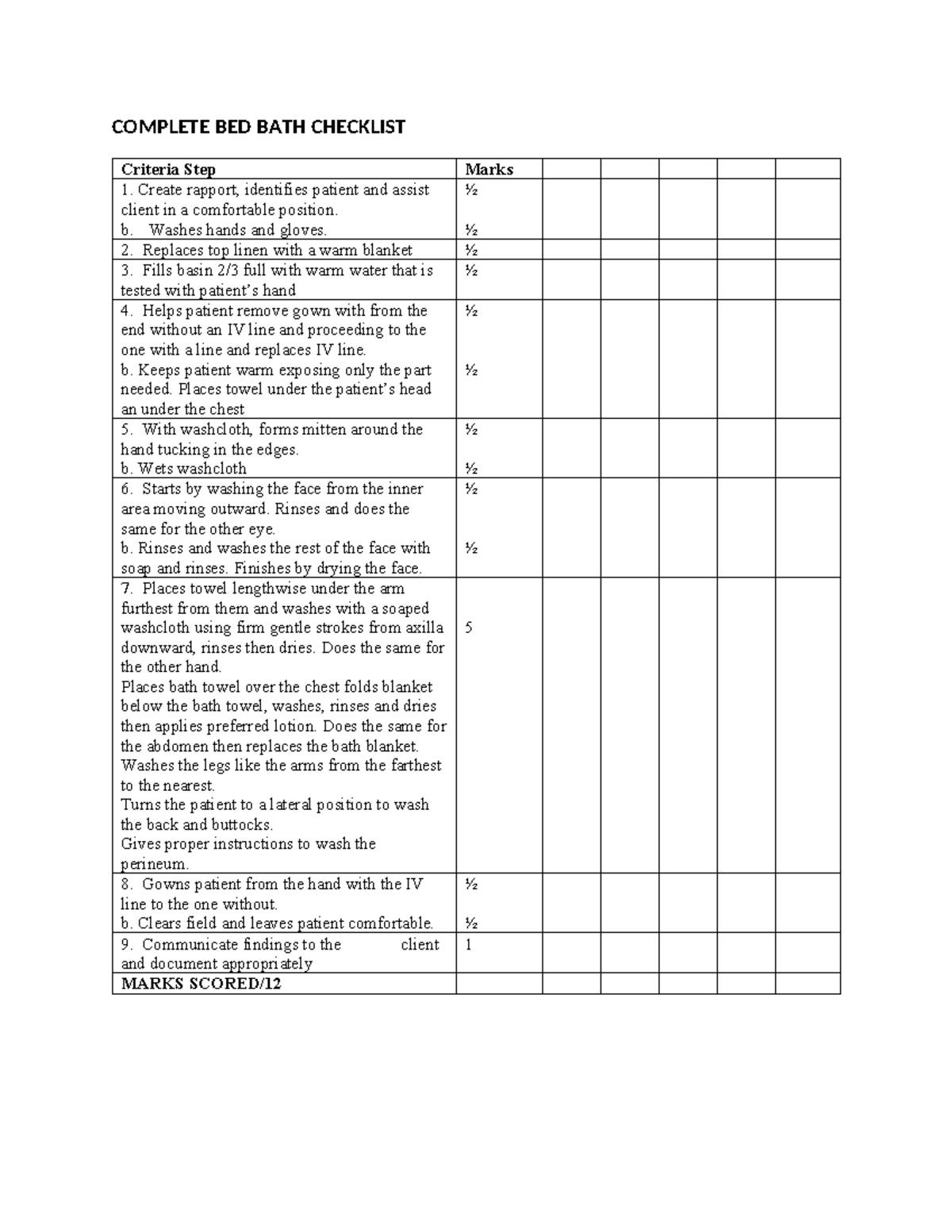 Bed Bath Procedure Checklist for Patient Care - Studocu
