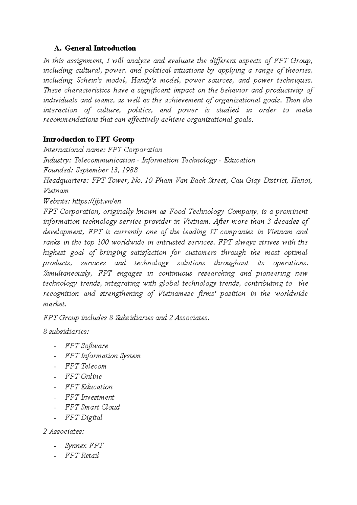 OB ASM1: Analyzing FPT Group's Organizational Culture and Power ...