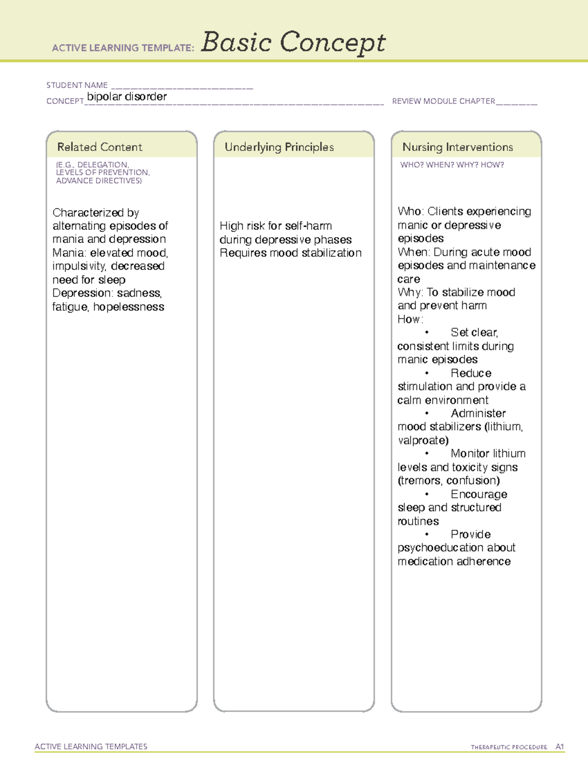 ACTIVE LEARNING TEMPLATE: Bipolar Disorder Concepts & Nursing ...