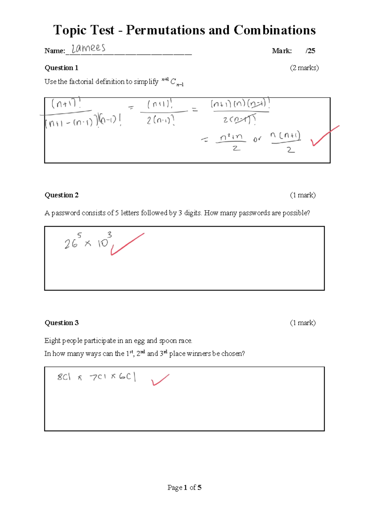 Permutations and Combinations - Topic Test (Math 101) - Studocu