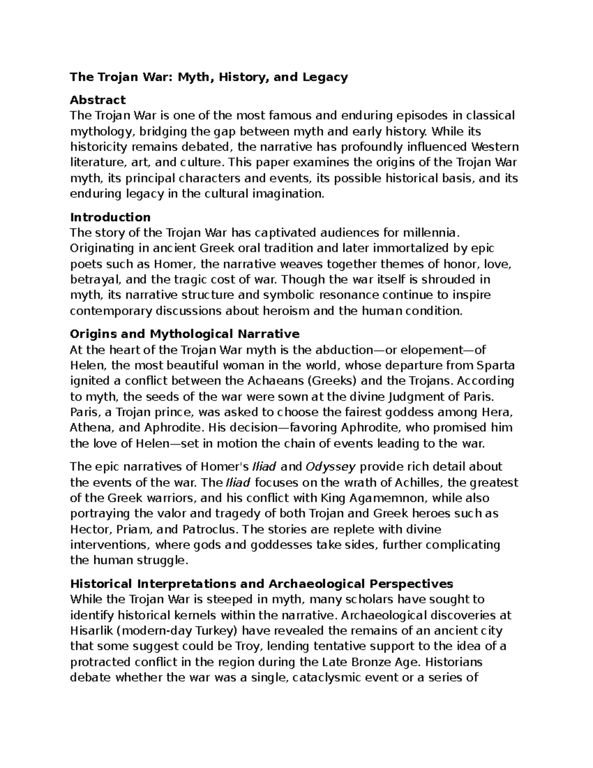 Trojan war notes - The Trojan War: Myth, History, and Legacy Abstract ...