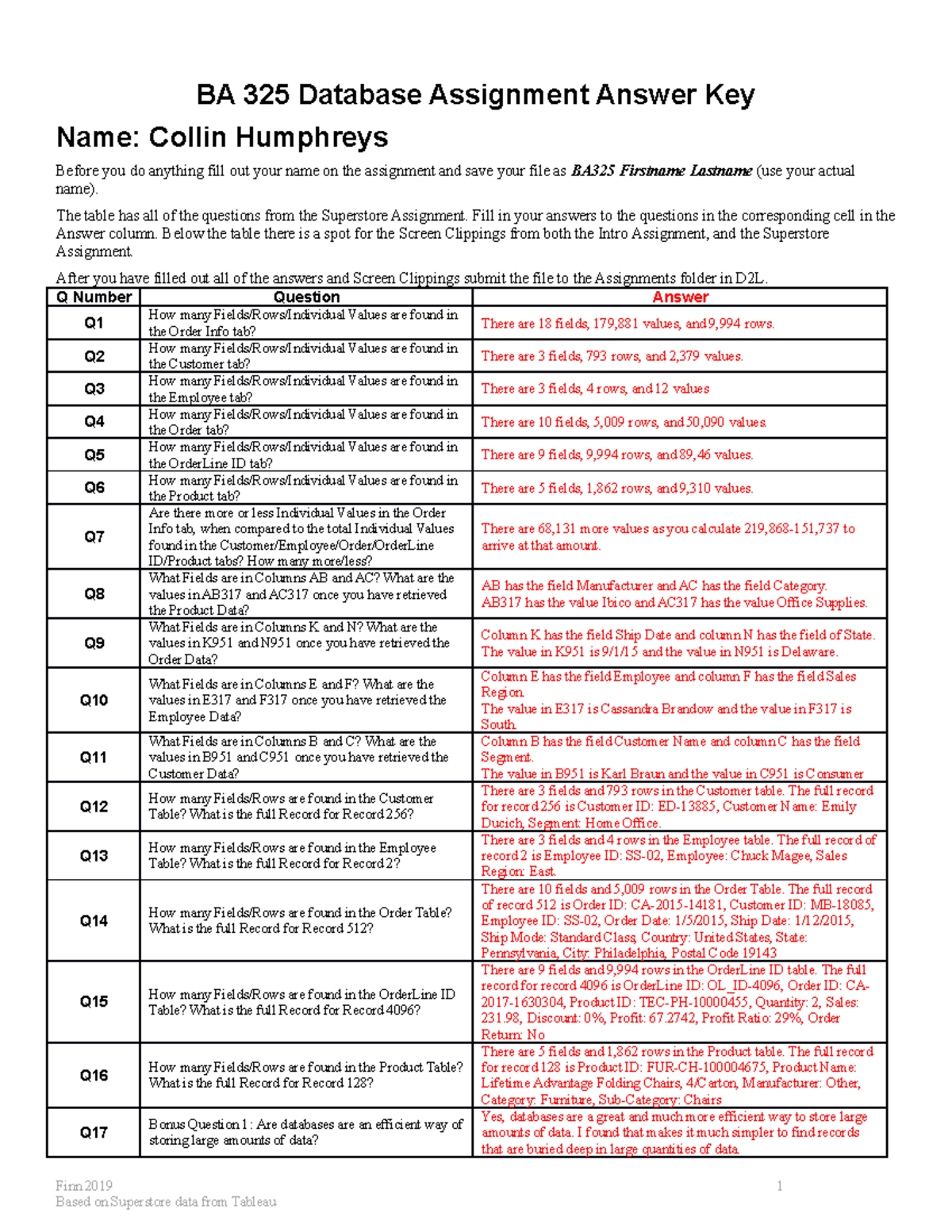 BA325 Collin Humphreys - BA 325 Database Assignment Answer Key Name: Collin Humphreys Before you ...