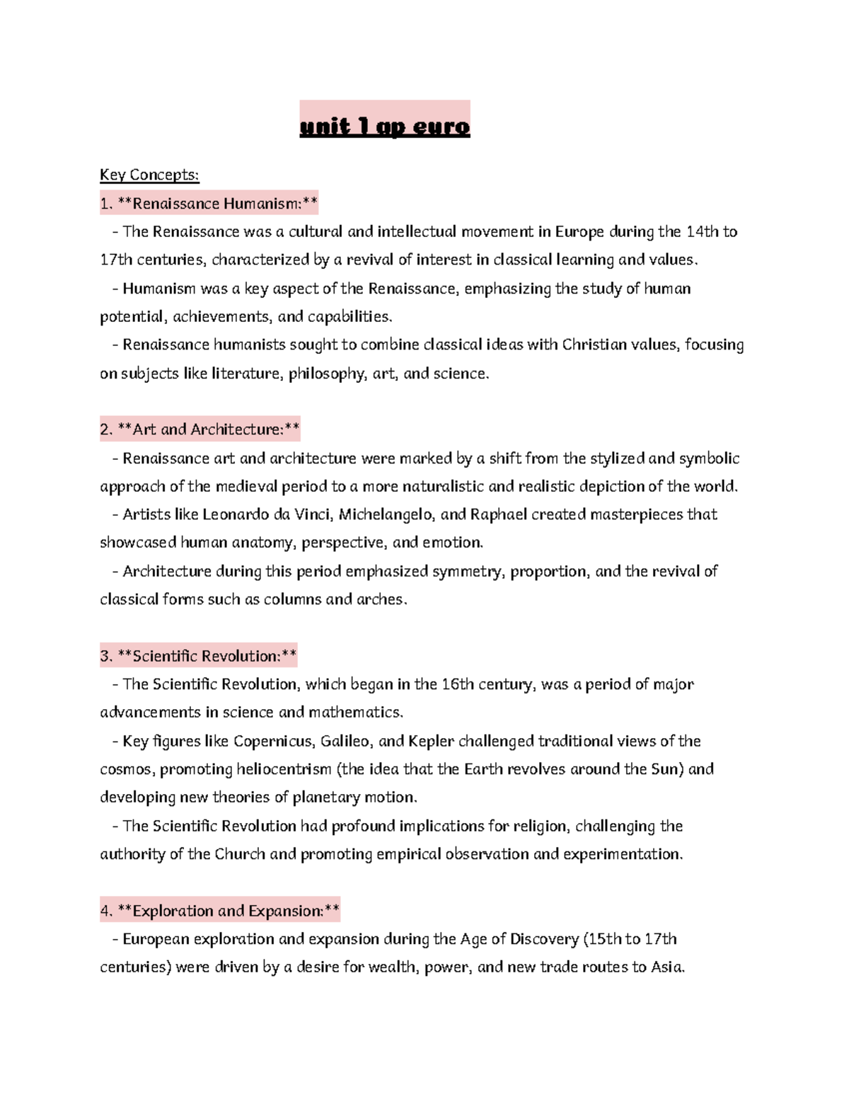 AP Euro Unit 1: Renaissance Humanism and Art Overview - Studocu