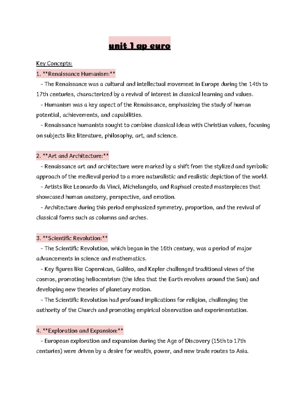 AP Euro Unit 1: Renaissance Humanism and Art Overview - Studocu