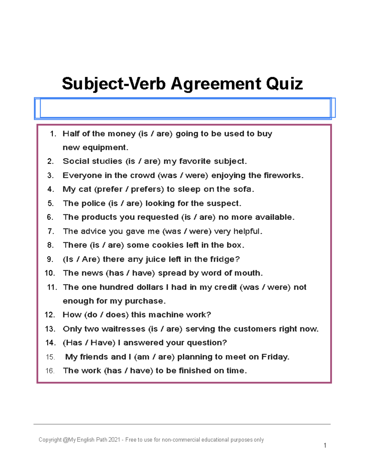 Subject-Verb Agreement Quiz: Complete Questions & Answers - Studocu