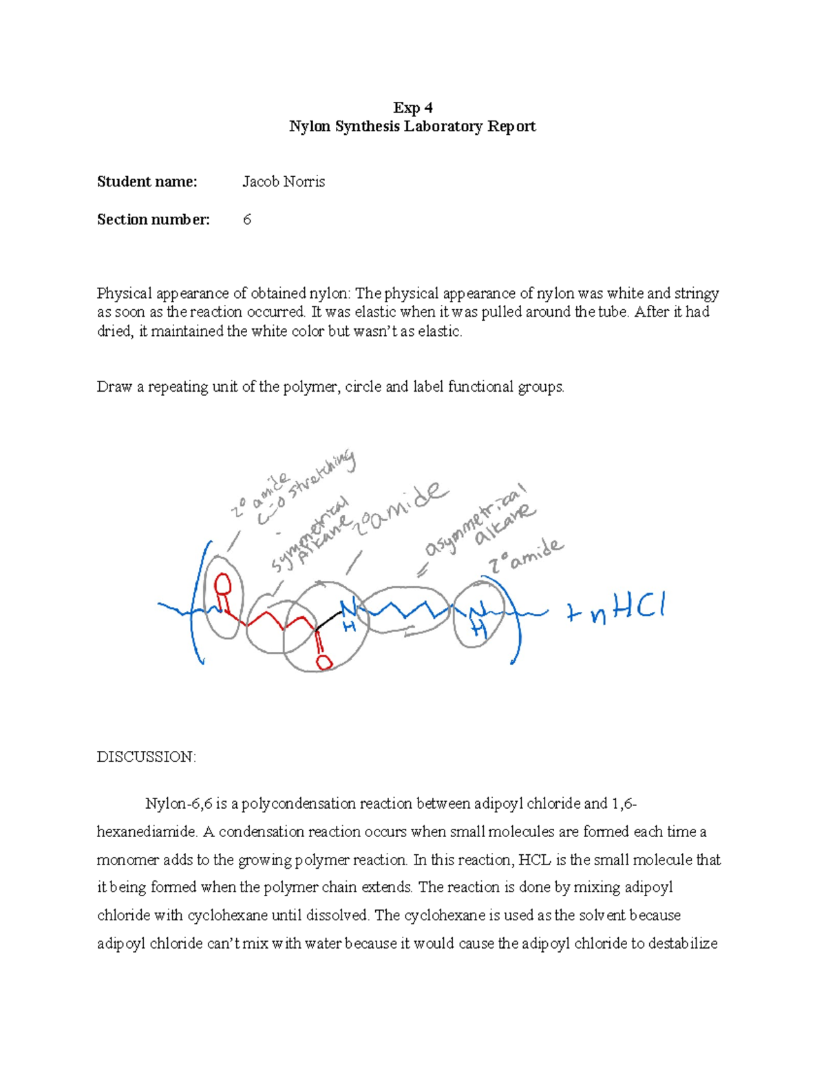 Organic Chemistry Lab (CHEM 202): Nylon 6,6 Polymerization Experiment ...