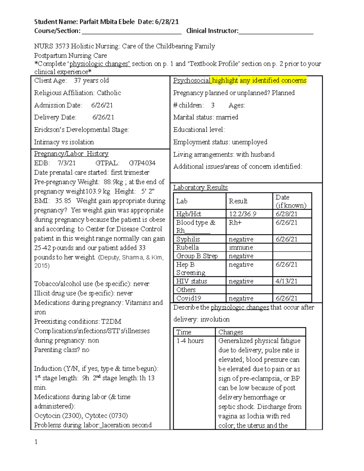 Postpartum Concept map OB - Course/Section ...